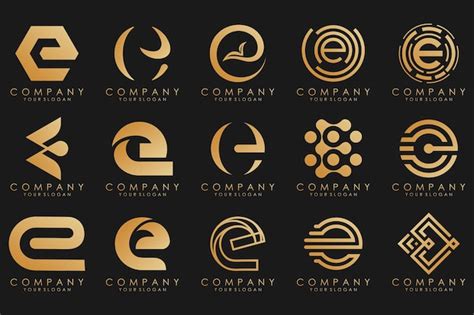 문자 E 기하학적 추상 로고가 있는 컬렉션 로고 골든 럭셔리 프리미엄 벡터