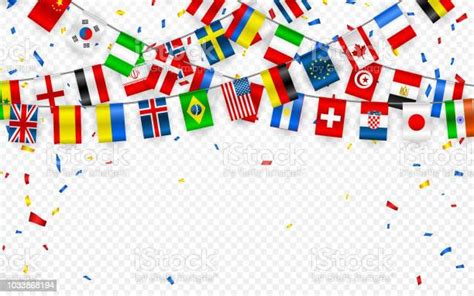 유럽 및 색종이와 세계의 다른 국가의 다채로운 플래그 화 환 국제 페 넌 트의 갈 하 랜 축제 즈 깃발 천 화 환입니다 축 하 파티 회의 대 한 벡터 배너 국기에 대한 스톡