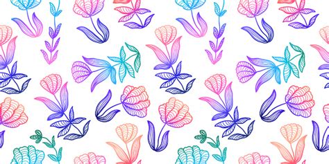 그라디언트 스타일의 다채로운 이음매 없는 꽃 패턴 패션 벽지 포장지 배경 직물 섬유 의류 및 카드 디자인을 위한 손으로 그린 꽃 모티프 0명에 대한 스톡 벡터 아트 및 기타