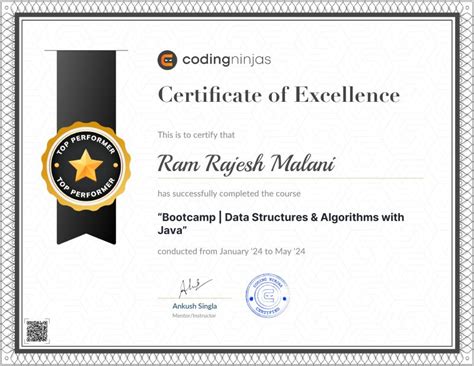 finished data structures and algorithms course with coding ninjas ram