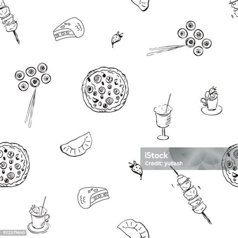 흰색 바탕에 음식과 완벽 한 패턴입니다 피자 케밥 롤 파이 케이크 스무디 딸기 낙서 예술입니다 그리기에 대한 스톡 벡터 아트 및