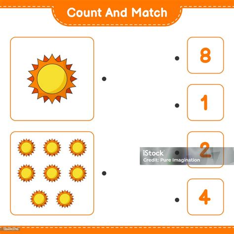 수계산 및 일치 태양의 수를 계산하고 올바른 숫자와 일치합니다 교육 어린이 게임 인쇄 워크 시트 벡터 일러스트레이션 0명에 대한