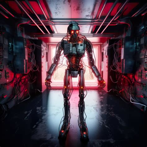 A Robot Standing In A Room With Red Lights Ai Generative Image Stock Illustration