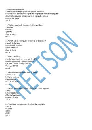 Introduction To Concepts Of Computer MCQ PDF