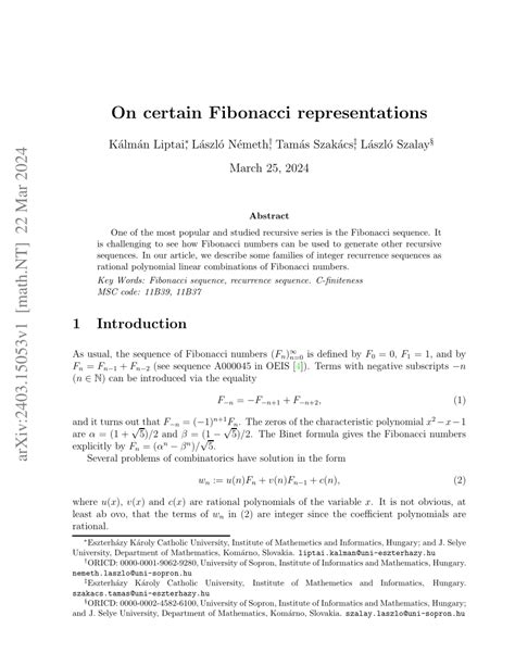 Pdf On Certain Fibonacci Representations