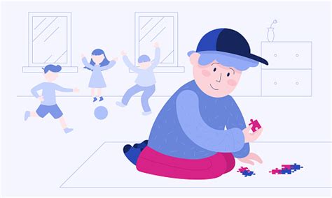 자폐증 스펙트럼 장애를 가진 소년 조용히 모든 아이들이 그 뒤에 공을 재생하는 동안 퍼즐을 수집 자폐증에 대한 스톡 벡터 아트 및 기타 이미지 Istock