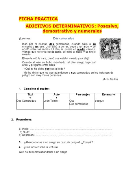 Ficha Practica Adjetivos Determinativos Posesivo Demostrativo Y
