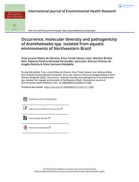 Pdf Occurrence Molecular Diversity And Pathogenicity Of Acanthamoeba