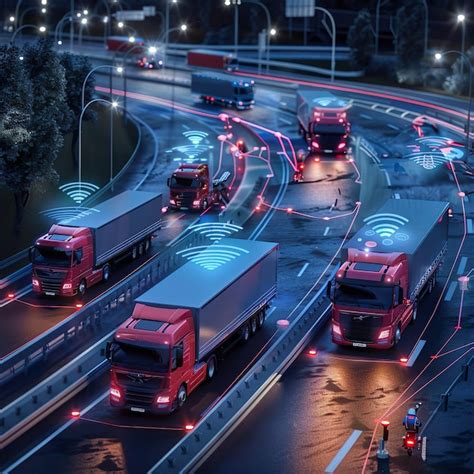 Smart Fleet Management System Visualized With Connected Trucks On Digital Network Premium Ai