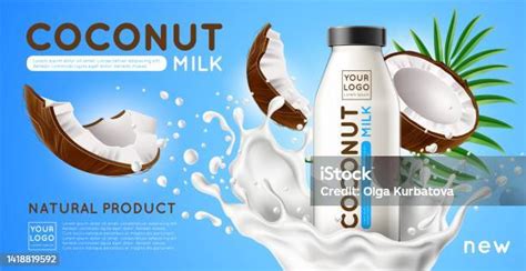코코넛 밀크 포스터 유제품 광고 배너 템플릿 빈 투명 유리 병 밀크 셰이크 포장 스플래시 및 너트 조각 건강 식품 및 음료 완전한 벡터 개념 밀크 셰이크에 대한 스톡 벡터
