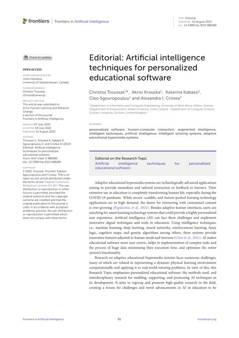 Pdf Editorial Artificial Intelligence Techniques For Personalized Educational Software