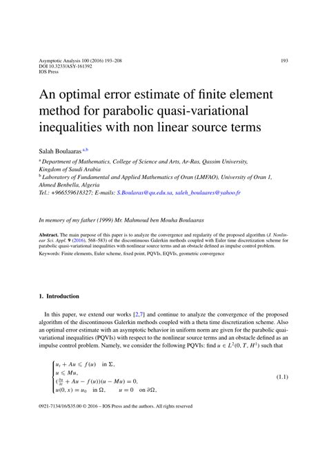 Pdf An Optimal Error Estimate Of Finite Element Method For Parabolic