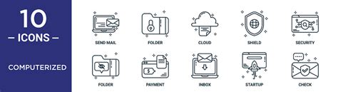 전산화 된 개요 아이콘 세트에는 얇은 줄 보내기 메일 클라우드 보안 지불 시작 확인 보고서 프리젠 테이션 다이어그램 웹 디자인을위한 폴더 아이콘이 포함됩니다 0명에 대한