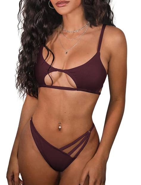 Zaful Womens Sexy Cutout Bikini Thong Bikini Set Tie Back Two Piece