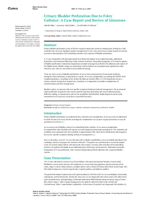 Pdf Urinary Bladder Perforation Due To Foley Catheter A Case Report And Review Of Literature