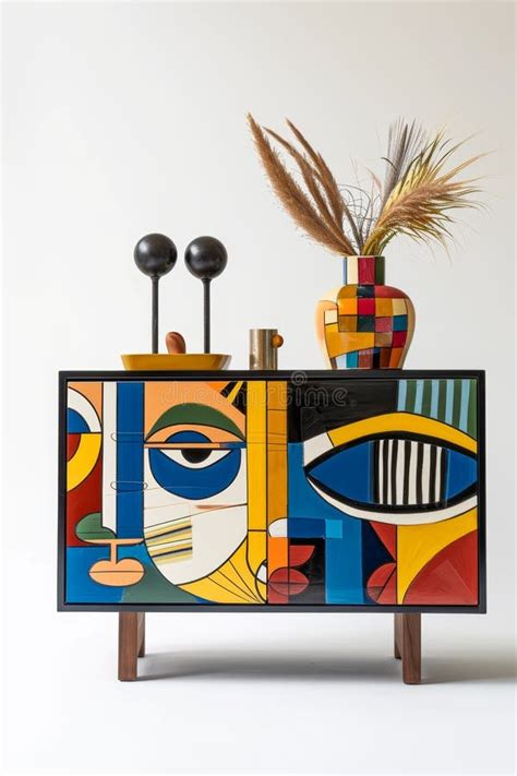 Stylish Sideboard Decorated In A Colorful Style On A White Background