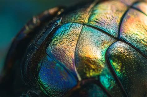 Macro Shot Iridescent Beetle Shell Texture Shimmering Green Blue Hues