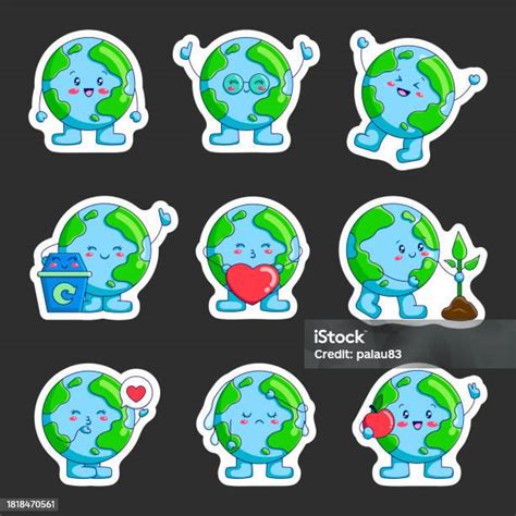 재미 있는 지구 행성 만화 캐릭터입니다 스티커 책갈피 표정이 다른 귀여운 귀여운 지구본 손으로 그린 스타일입니다 벡터 그리기