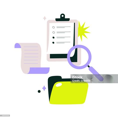 체크리스트 돋보기 및 폴더와 함께 작업 관리 검사 및 조직을 상징하는 평면 벡터 일러스트 레이 션 흰색 배경에 격리되어 있습니다 3차원 형태에 대한 스톡 벡터 아트 및 기타