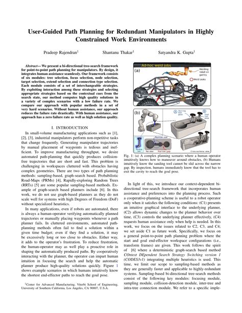 Pdf User Guided Path Planning For Redundant Manipulators In Highly Constrained Work Environments