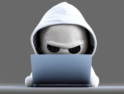Cute Anonymous Hacker With White Hoodie Using Computer Laptop Concept