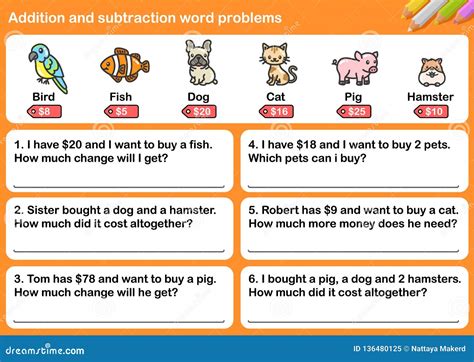 Addition And Subtraction Word Problems Stock Vector Illustration Of Addition Pupil 136480125