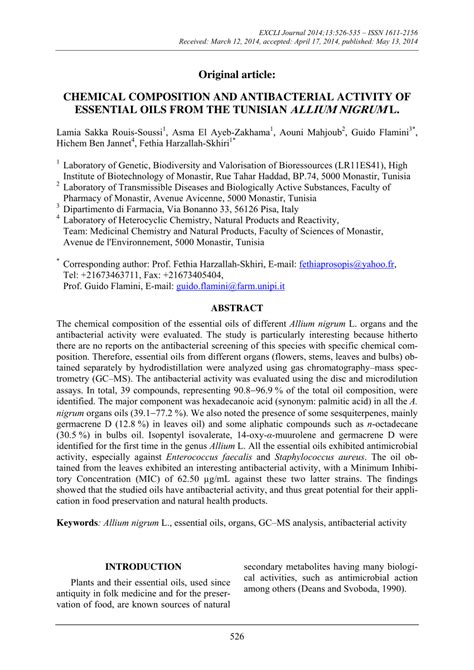 Pdf Chemical Composition And Antibacterial Activity Of Essential Oils From The Tunisian Allium