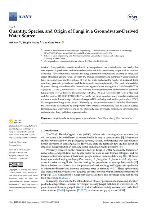Pdf Quantity Species And Origin Of Fungi In A Groundwater Derived Water Source