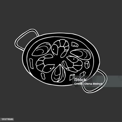 벡터 손으로 그린 빠에야 스페인 요리 메뉴 카페 비스트로 레스토랑 라벨 및 포장을 위한 스케치 요소를 디자인합니다 흰색 배경에 그림 파엘랴에 대한 스톡 벡터 아트 및 기타