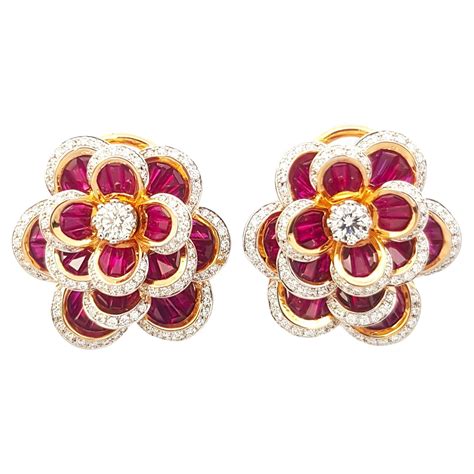 Ruby With Diamond Flower Earrings Set In 18 Karat Rose Gold Settings For Sale At 1stdibs