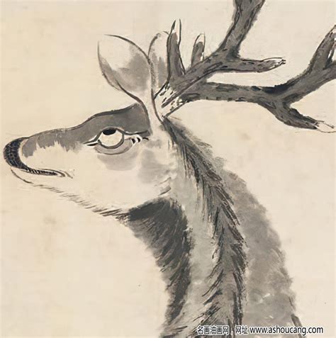 八大山人国画作品 松鹿图 高清下载 名画油画网