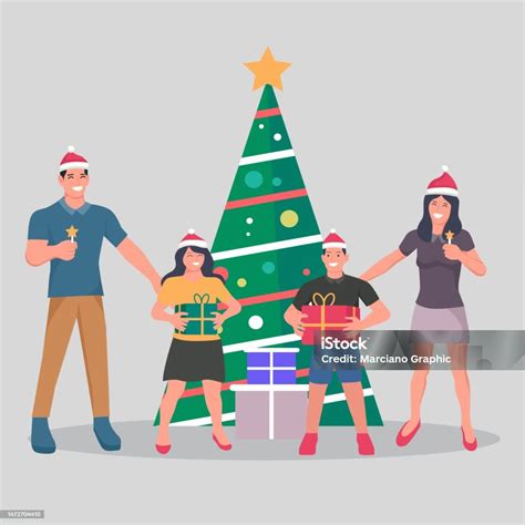 새해 나무 근처의 즐거운 가족 메리 크리스마스와 새해 복 많이 받으세요 아버지 어머니 아이들 만화 스타일의 벡터 그림 12월에 대한 스톡 벡터 아트 및 기타 이미지 Istock