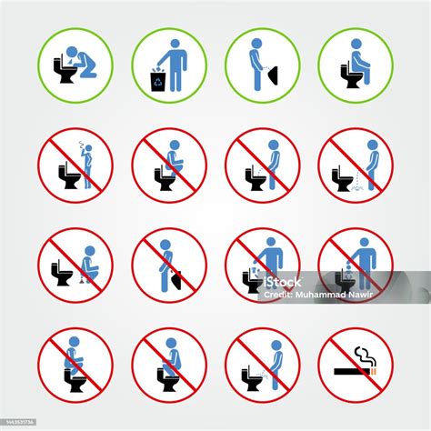 화장실 표지판 세트입니다 Wc 아이콘입니다 화장실 표지판 그림입니다 오줌 표시가 없습니다 금지 표지판 세트 규칙에 대한 스톡