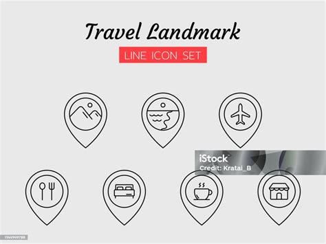 라인 아이콘 기호 세트 여행 랜드마크 Gps 음료 비행기 호텔 바다 음식 상점 고립 된 평면 윤곽 벡터 디자인 0명에 대한 스톡