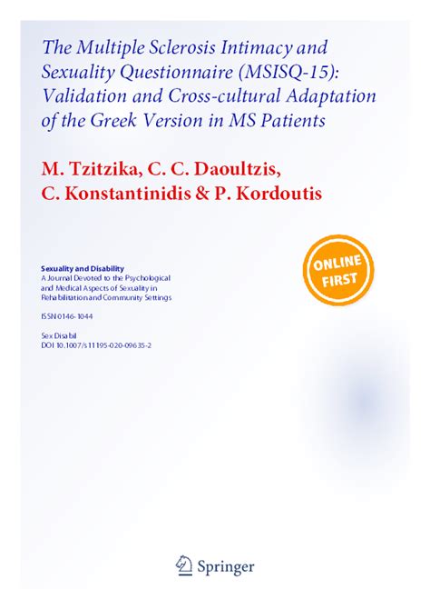 Pdf The Multiple Sclerosis Intimacy And Sexuality Questionnaire Msisq 15 Validation And