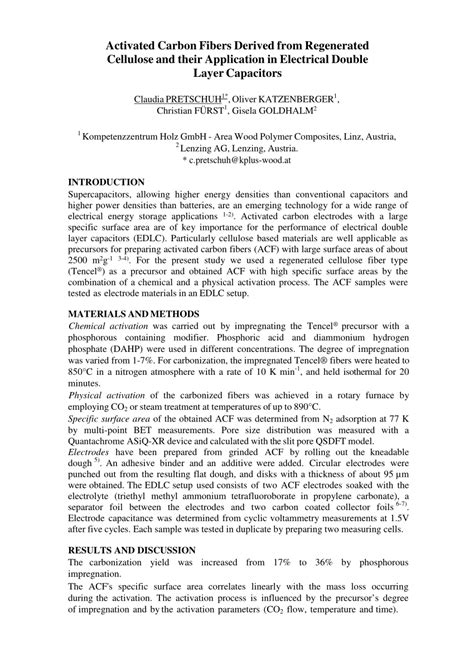 Pdf Activated Carbon Fibers Derived From Regenerated Cellulose And Their Application In