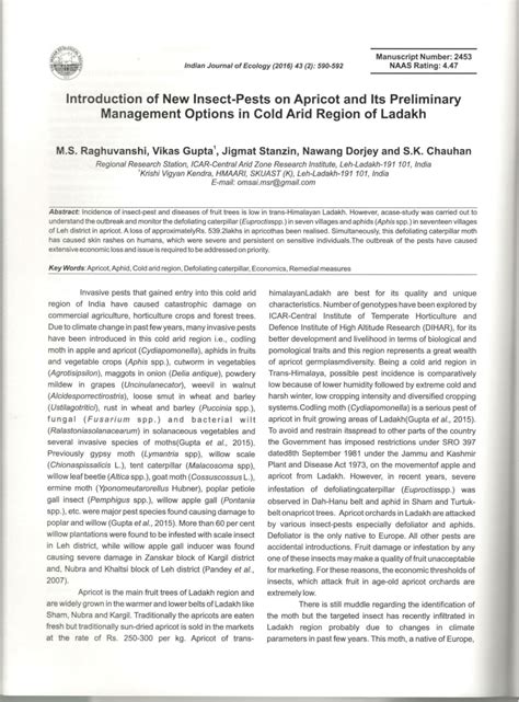 Pdf Introduction Of New Insect Pests On Apricot And Its Preliminary Management Options In Cold