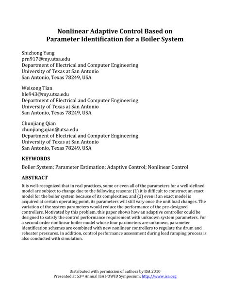 Pdf Nonlinear Adaptive Control Based On Parameter Identification For A Boiler System