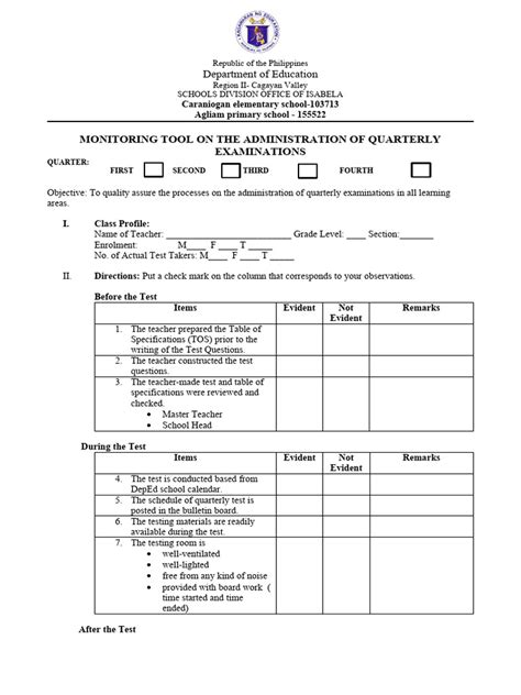 Monitoring Tool On Quarterly Exam Pdf