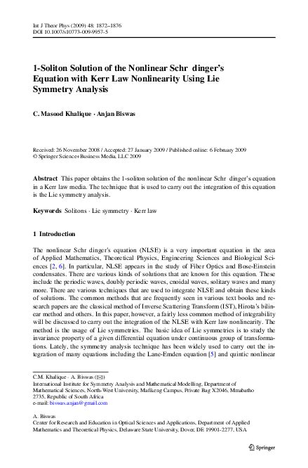 Pdf 1 Soliton Solution Of The Nonlinear Schrödingers Equation With