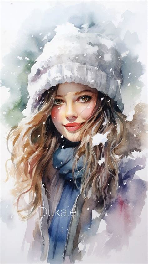 Зима первый снег девочка Рисунки девушки Акварельные портреты Портрет