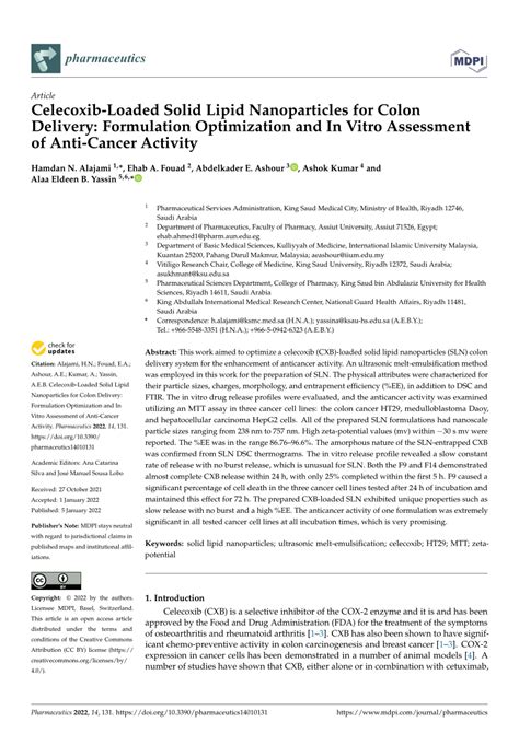 Pdf Celecoxib Loaded Solid Lipid Nanoparticles For Colon Delivery Formulation Optimization