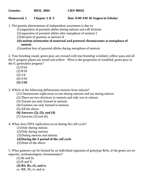 5 Multiple Choice Questions On Genetics With Answers Biol 2004 Docsity