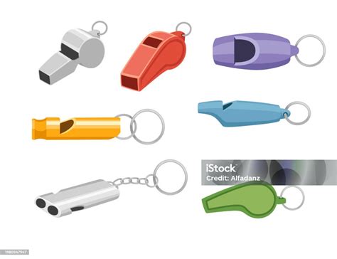 흰색 배경에 고립 된 다채로운 플라스틱과 금속 휘파람 벡터 그림의 세트 0명에 대한 스톡 벡터 아트 및 기타 이미지 0명