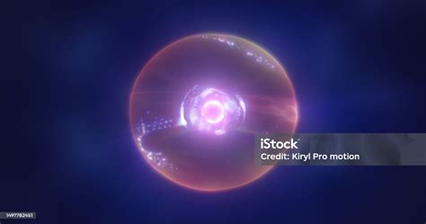 빛나는 밝은 입자를 날리는 추상적인 보라색 에너지 구체 전자가 있는 과학 미래형 원자 하이테크 배경 3차원 형태에 대한 스톡 사진 및 기타 이미지 Istock