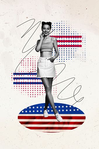 콜라주 3d 핀업 팝 복고풍 스케치 7 월 4 일 고립 된 그림 배경을 축하하는 웃는 숙녀의 이미지 20 24세에 대한 스톡 사진 및 기타 이미지 Istock