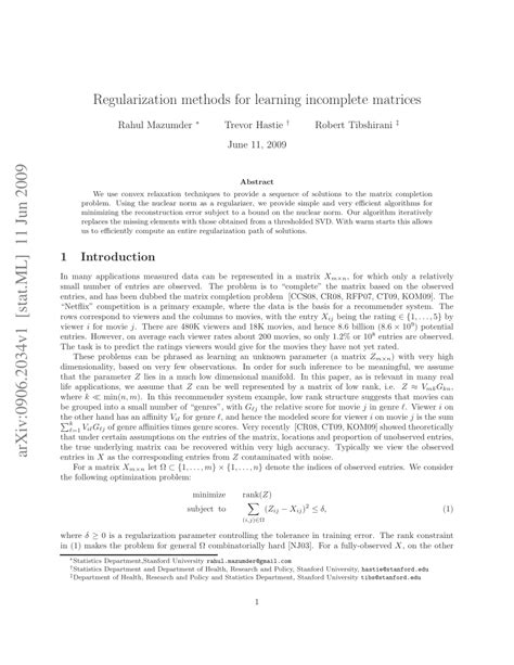 Pdf Regularization Methods For Learning Incomplete Matrices