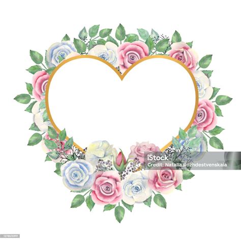 블루와 핑크 장미 꽃 녹색 잎 골드 하트 모양프레임의 열매 수채화 일러스트레이션 0명에 대한 스톡 벡터 아트 및 기타 이미지 0명 꽃 꽃의 구조 꽃 식물 Istock