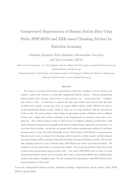 Pdf Unsupervised Segmentation Of Human Motion Data Using A Sticky Hierarchical Dirichlet