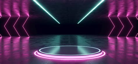 네온 개념 어두운 과학 Fi 외국인 그런 지 구체적인 방 천장 반사 텍스처와 추상 분홍색 파란 자주색 개요 레이저 네온 빛 삼각형 모양의 조명 배경 3d 렌더링을 빛나는